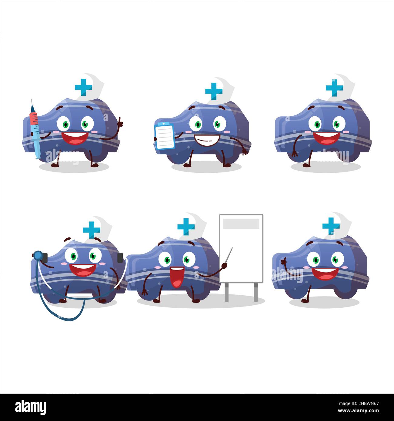 Doctor profession emoticon with blue car gummy candy cartoon character ...