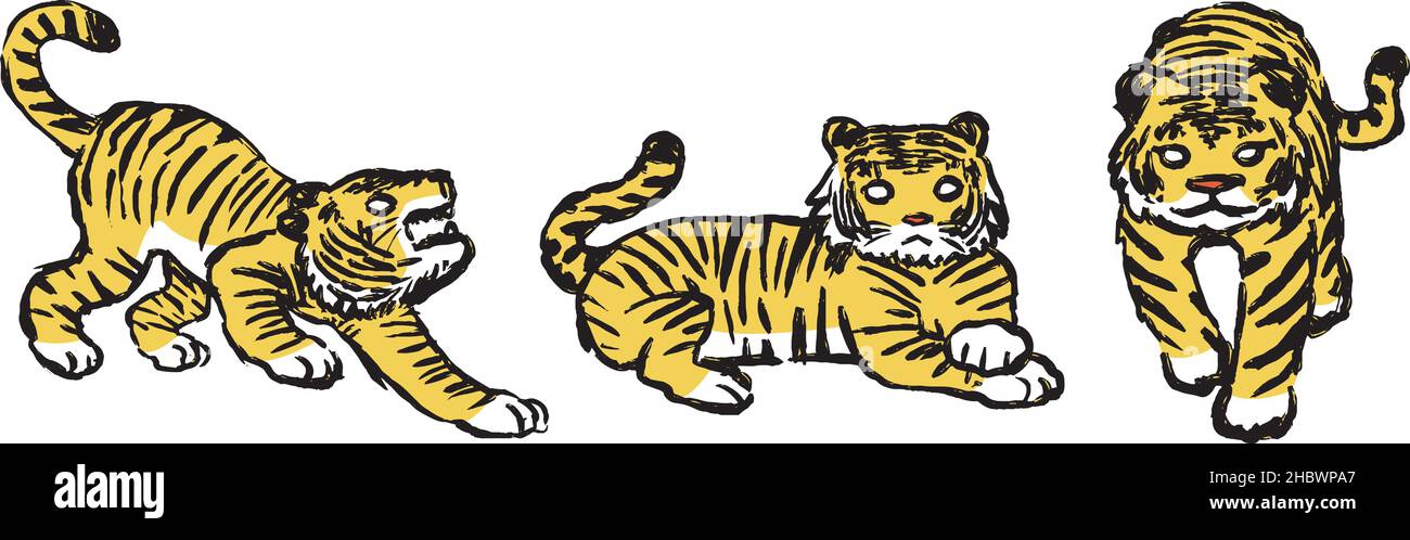 This is a illustration of Cute Tiger drawn with a japanese brush Stock ...