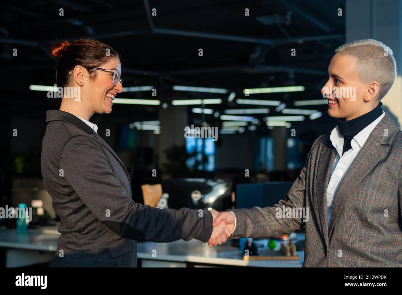 Two young business women shake hands at work. The office staff made a ...