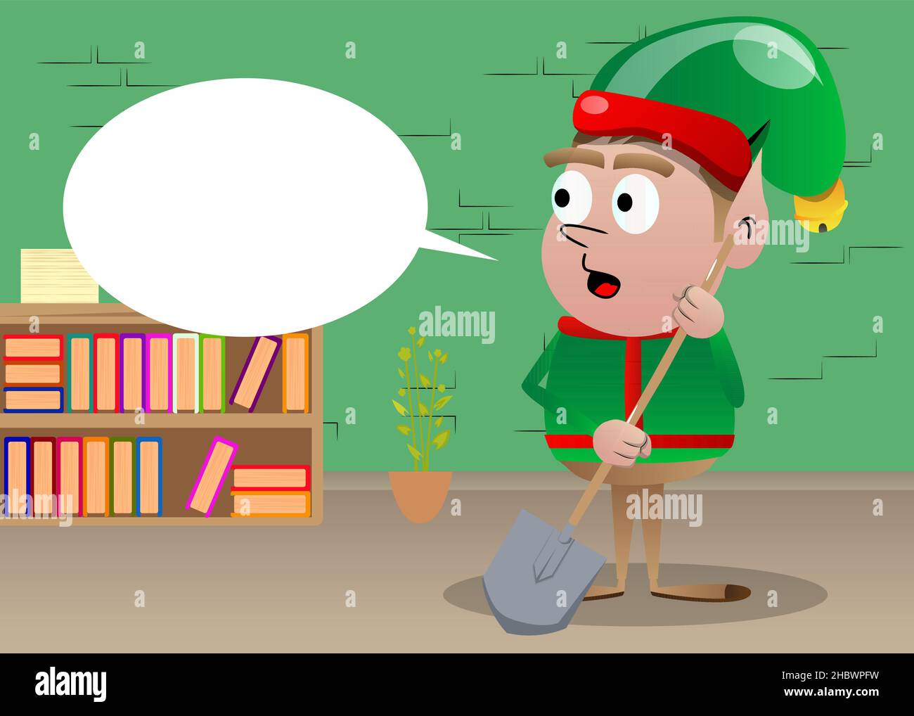 Christmas Elf holding a shovel. Vector cartoon character illustration ...