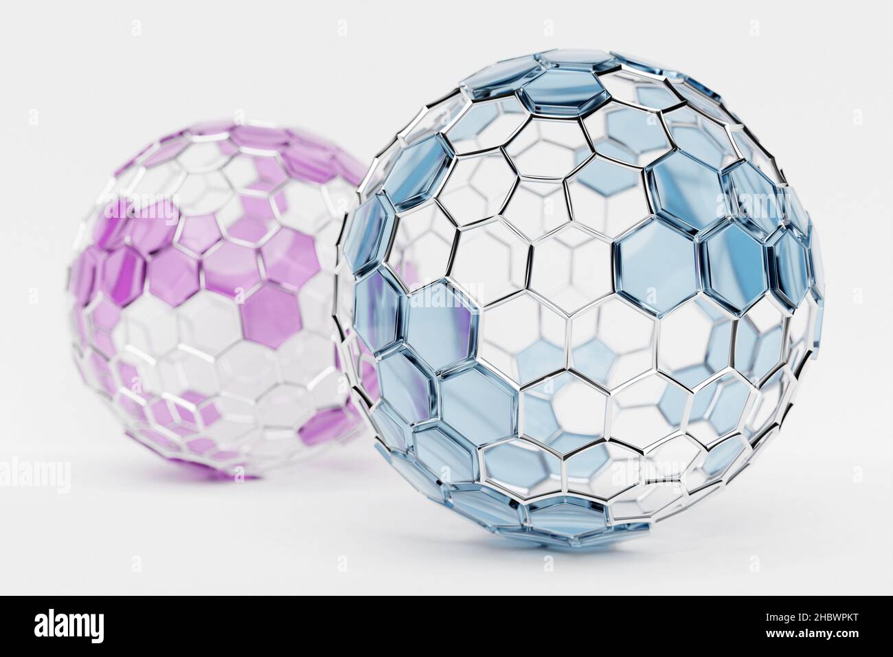 3D illustration of a two glass colorful spheres with many faces ...
