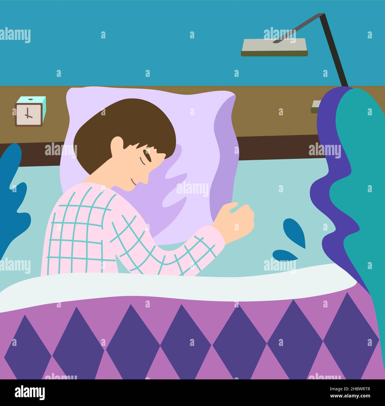 Concept of healthy sleep. Sleeping smiling woman in bed. Colorful ...
