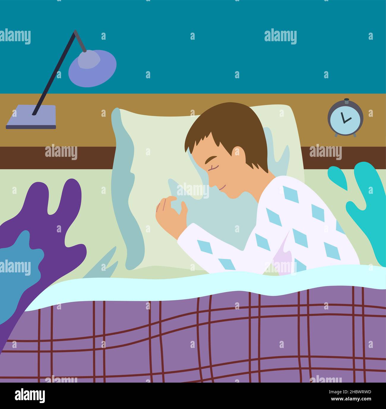 Concept of healthy sleep. Sleeping smiling man in bed. Colorful cartoon ...