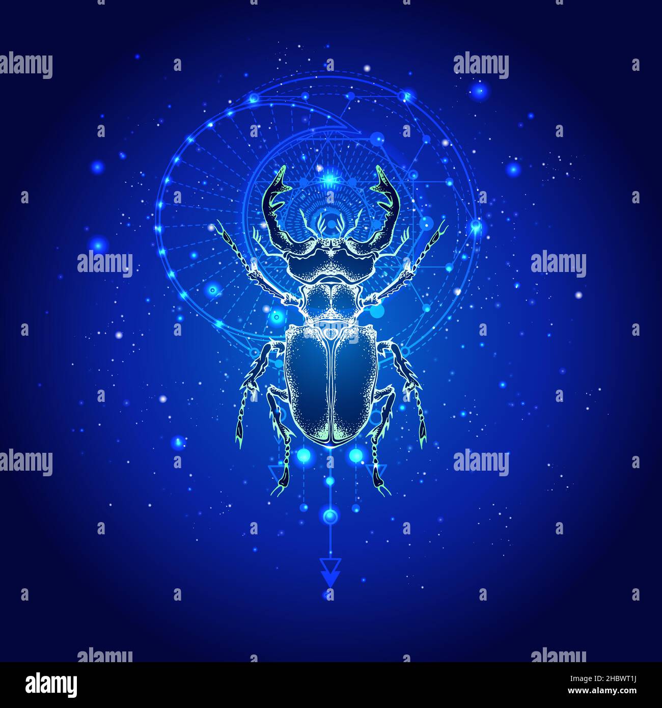 Vector illustration with hand drawn stag beetle and Sacred geometric ...