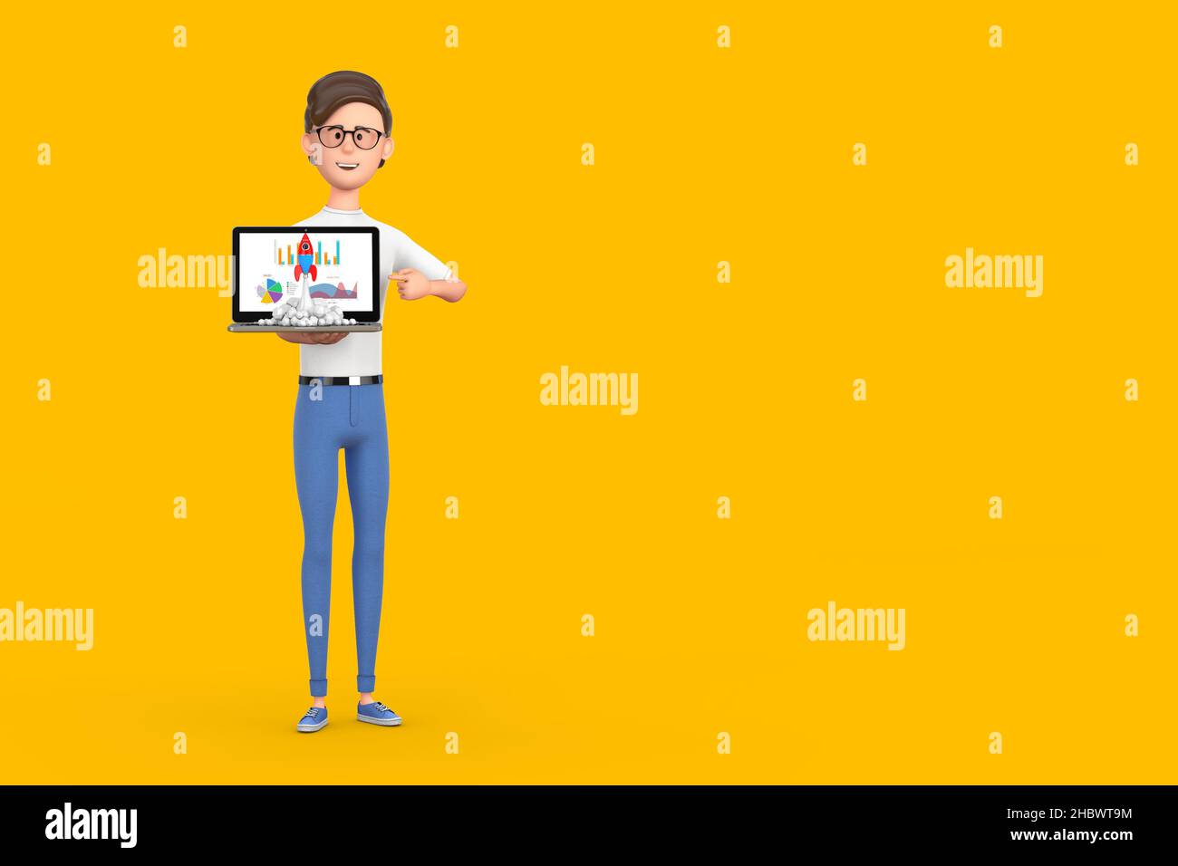 Cartoon Character Person Man Hold Laptop with Business Diagrams ...