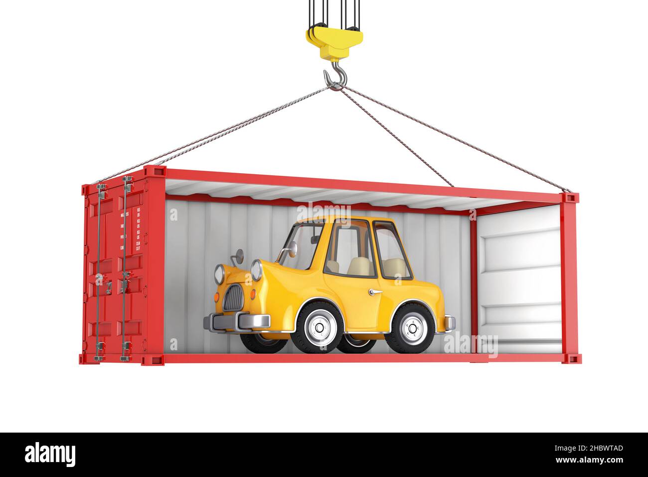 Yellow Cartoon Car in Red Shipping Container with Removed Side Wall ...