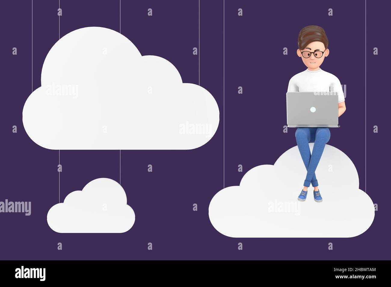 Cartoon Character Person Businessman with Laptop working over Clouds on ...