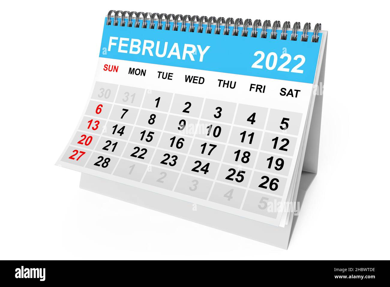 2022 Year February Calendar on a white background. 3d Rendering Stock ...