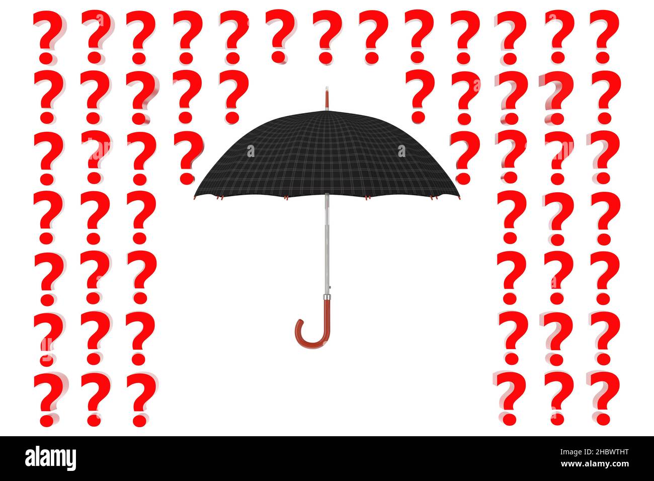Modern Umbrella Protecting from Rain of Red Question Marks on a white ...