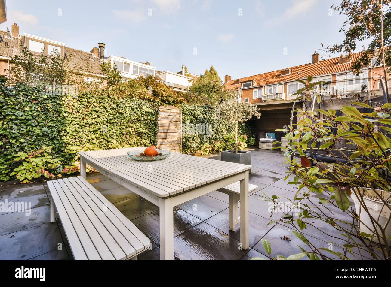 Lovely courtyard with wooden bench and trees Stock Photo - Alamy