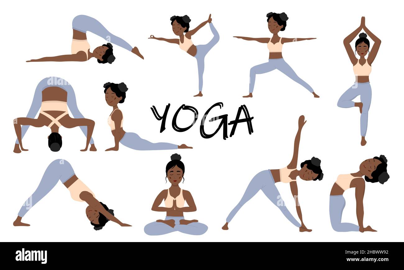 Womens Yoga set. Cute African girl shows various asanas. Yoga training ...