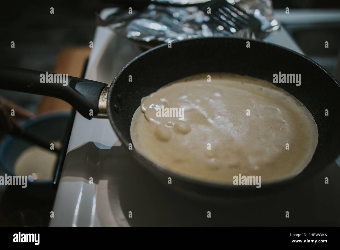 A closeup shot of a pancake in the pan Stock Photo - Alamy