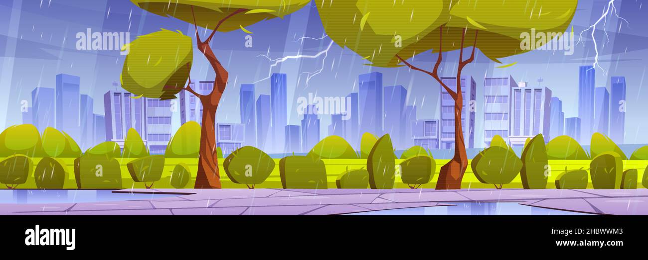 City park with green lawn, bushes, trees and stone walkway in rain ...