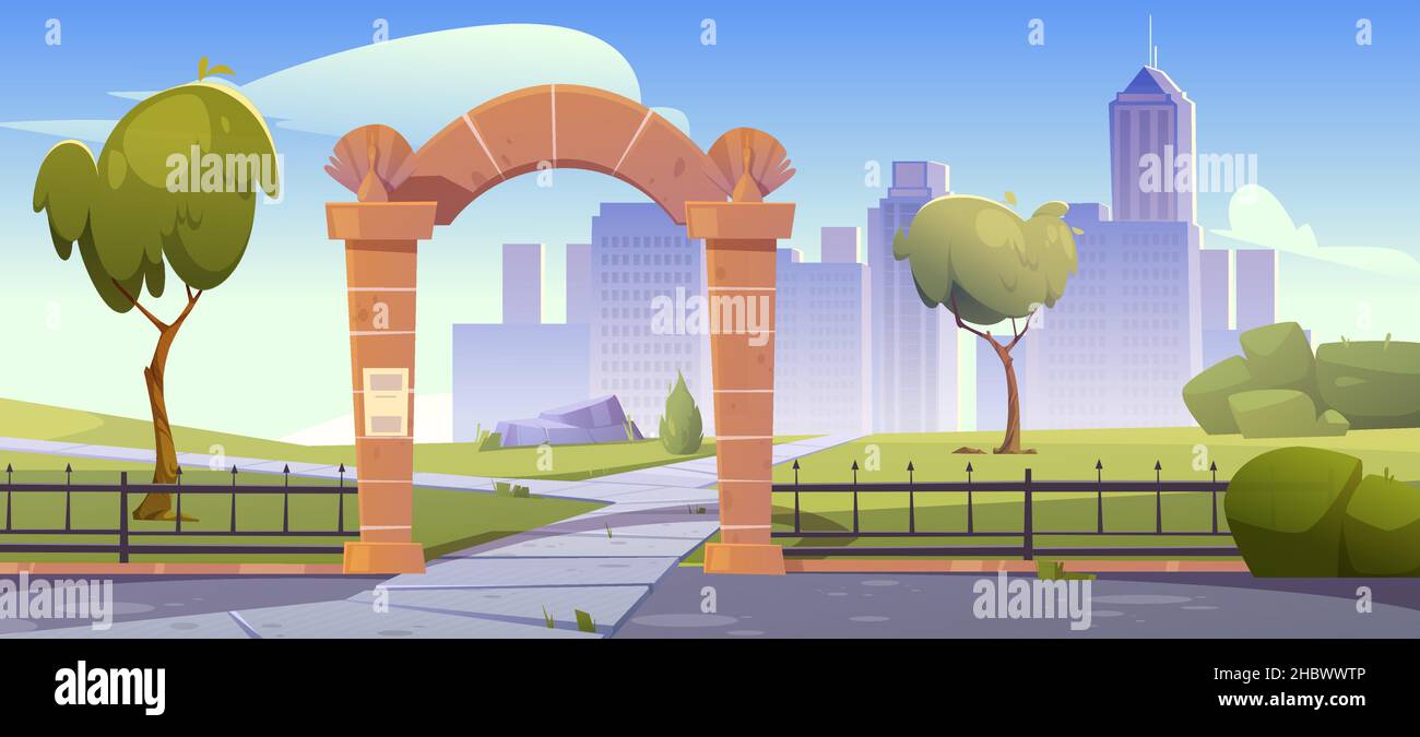 Summer landscape with stone arch entrance to public park, metal fence ...