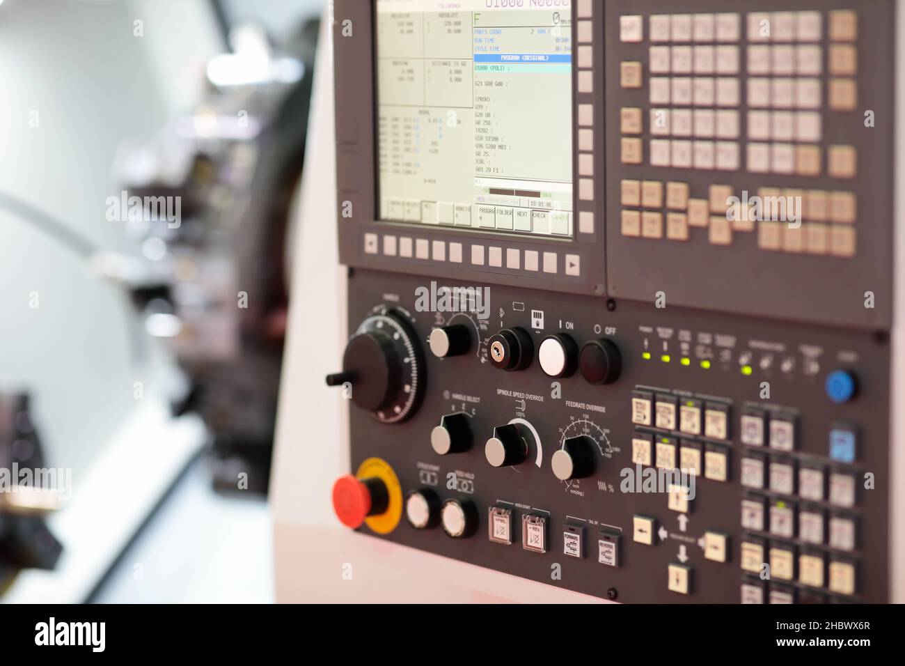 CNC control panel of turret lathe machine. Selective focus Stock Photo ...