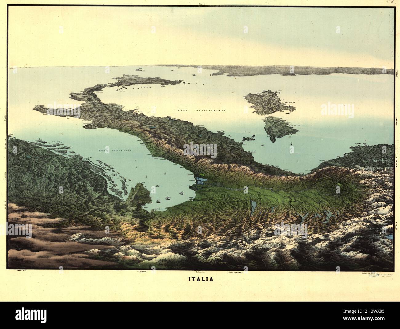 Vintage aerial three dimensional color map of Italy showing topography ...