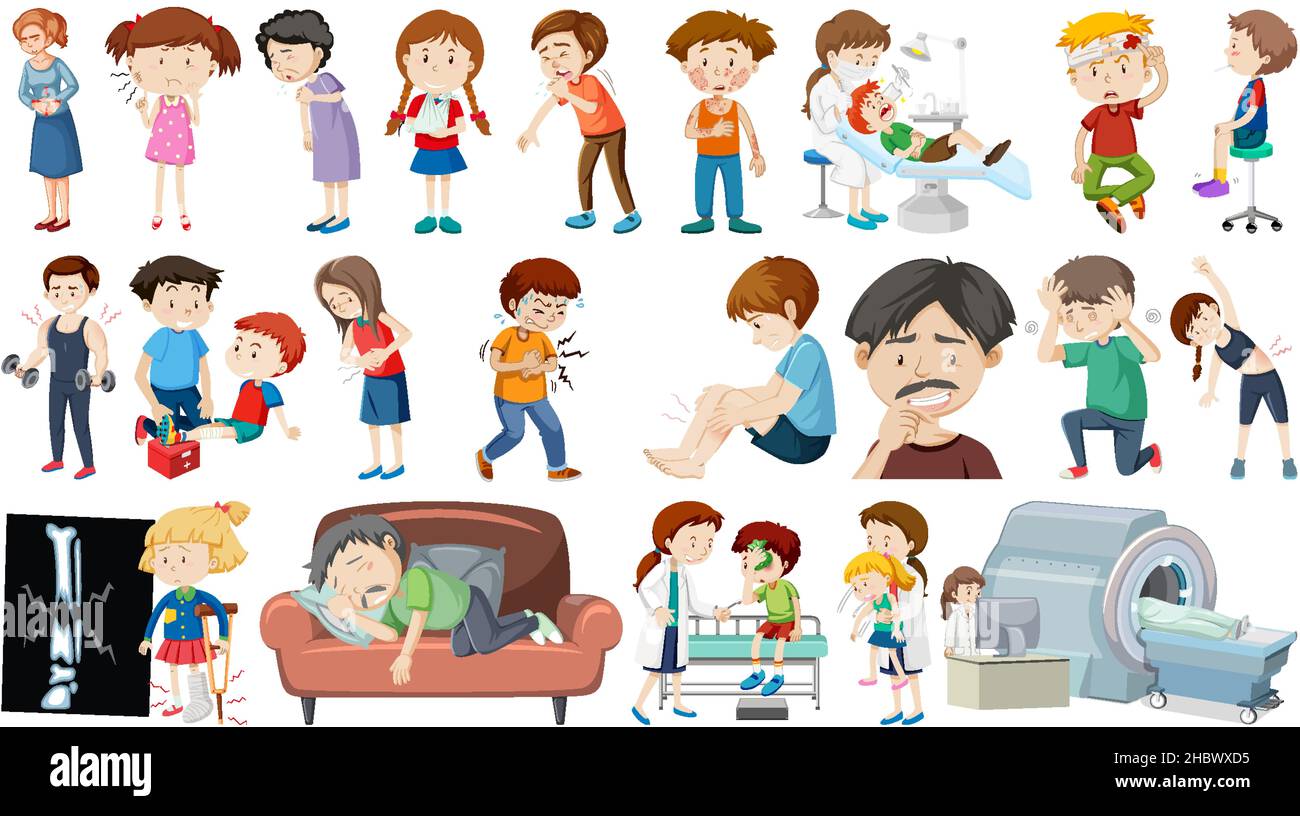 Set of sick people with different symptoms illustration Stock Vector ...