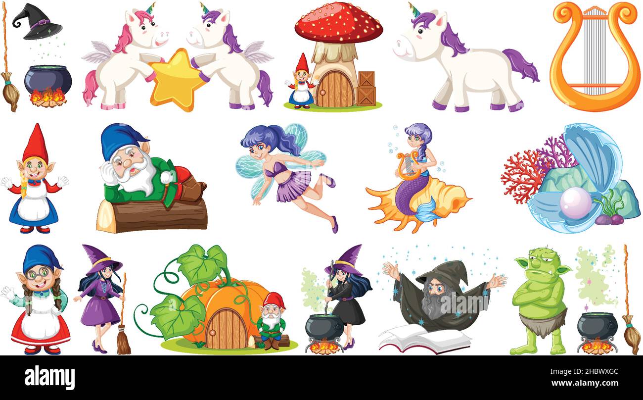 Set of fantasy fairy tale characters and elements illustration Stock ...