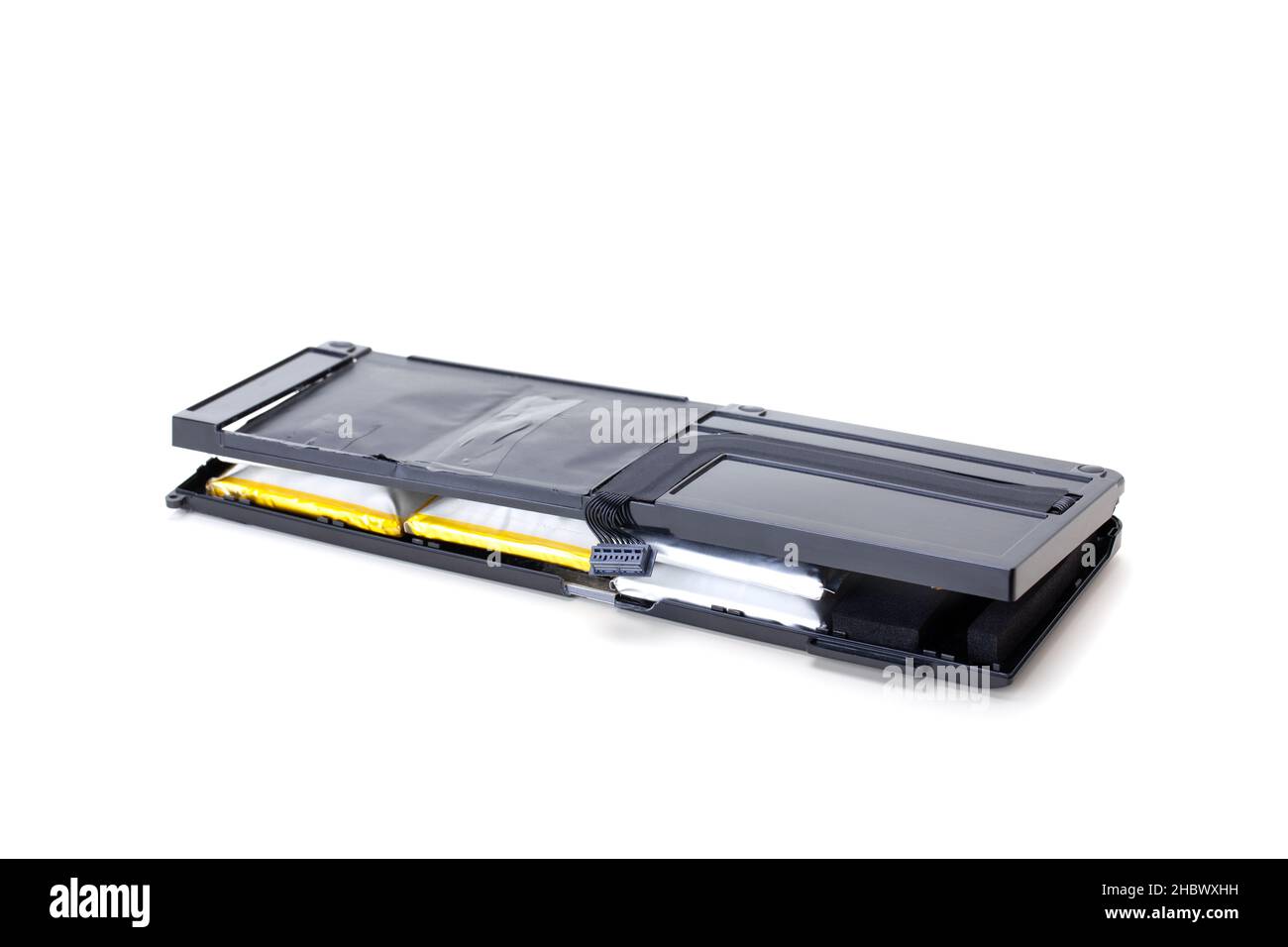 damaged swollen Lithium polymer, Li-ion batteries for laptop isolated ...