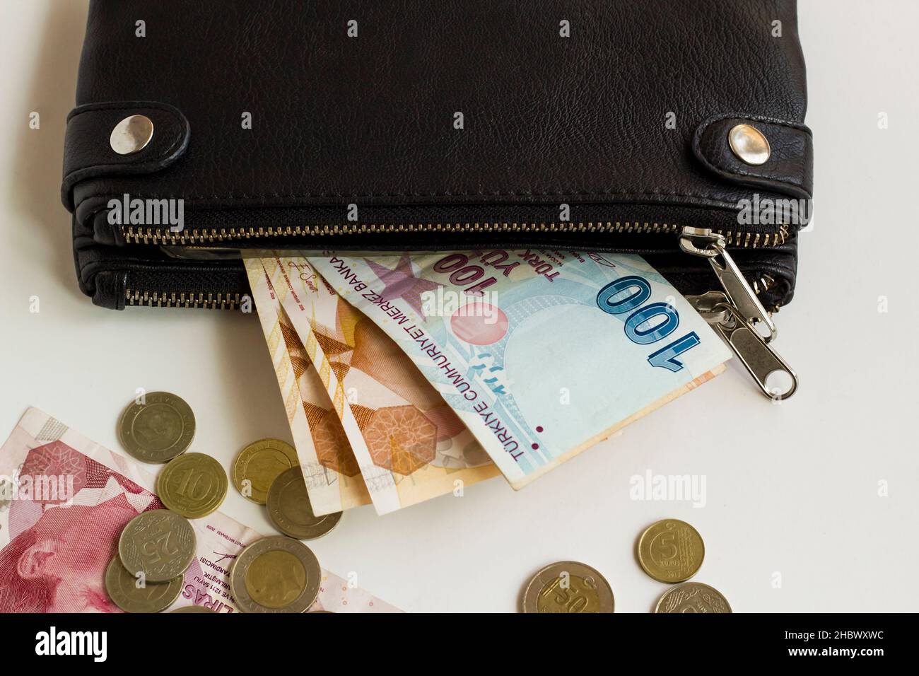 Turkish Money Banknotes out from black color leather wallet on the ...