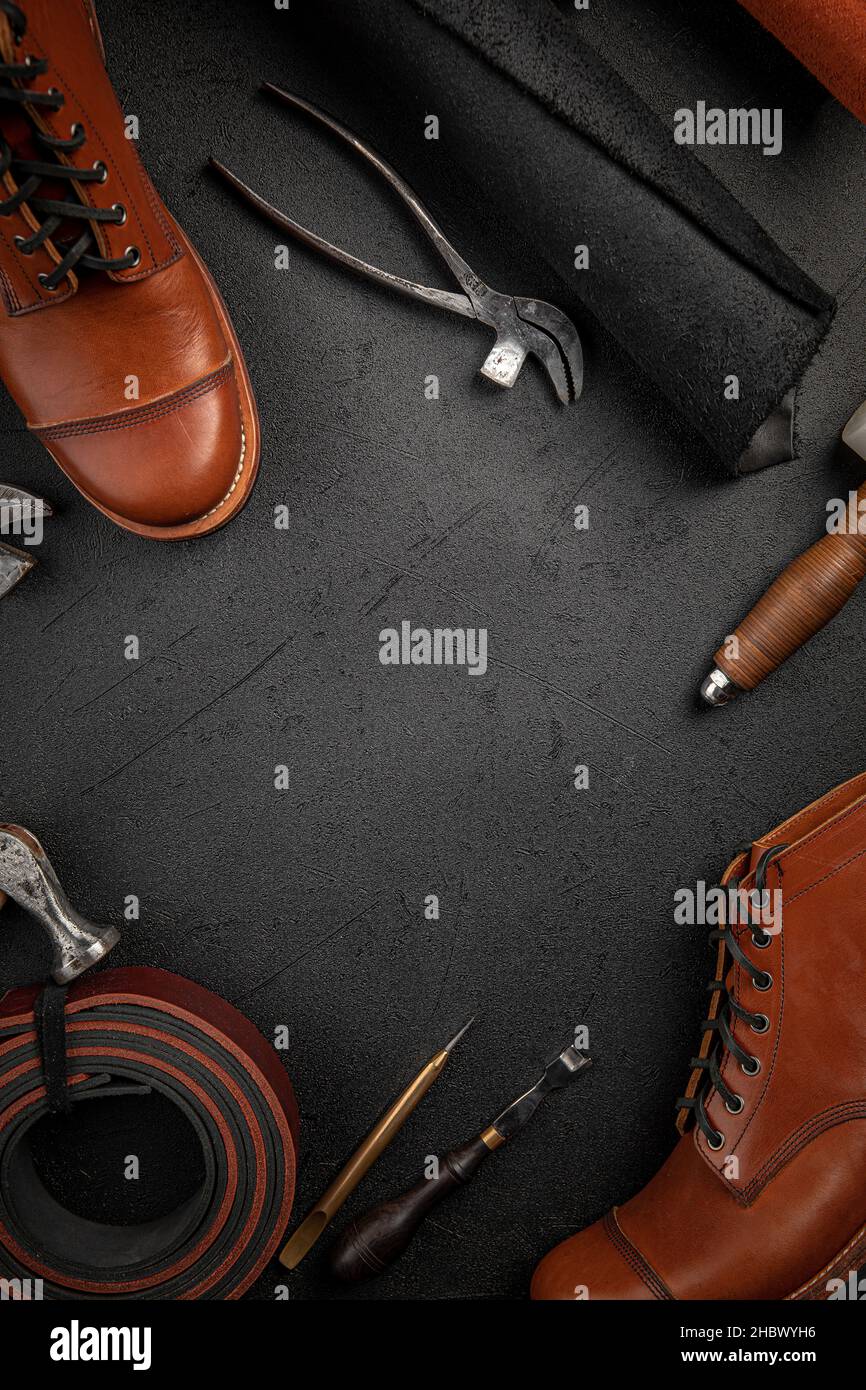 Leather cobbler crafting workshop place with tools Stock Photo - Alamy