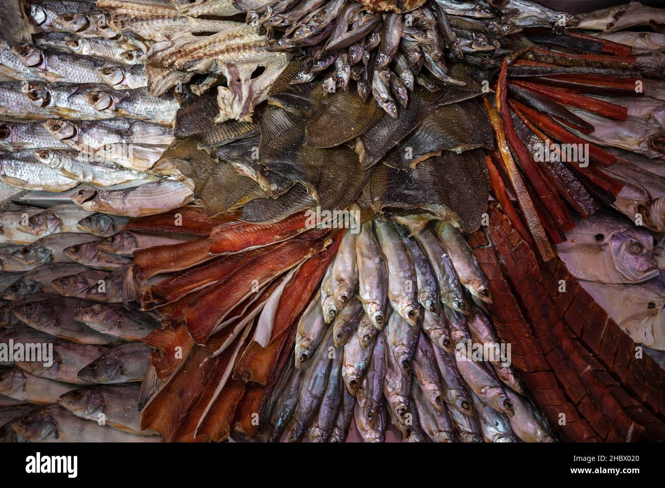 Various smoked fish products. Healthy eating and fish market concept ...