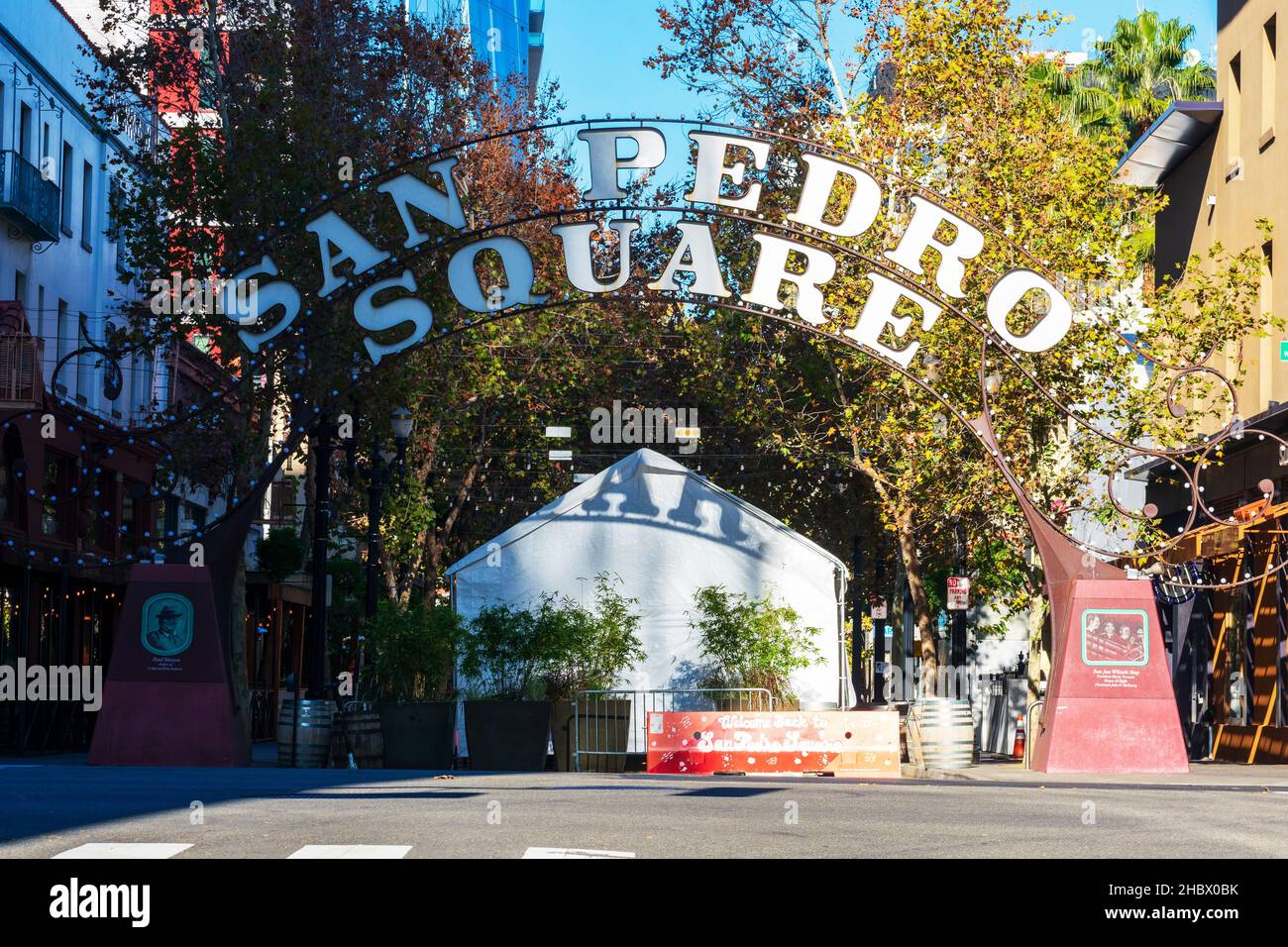 San Pedro Square gateway arch at the entrance to a historic ...