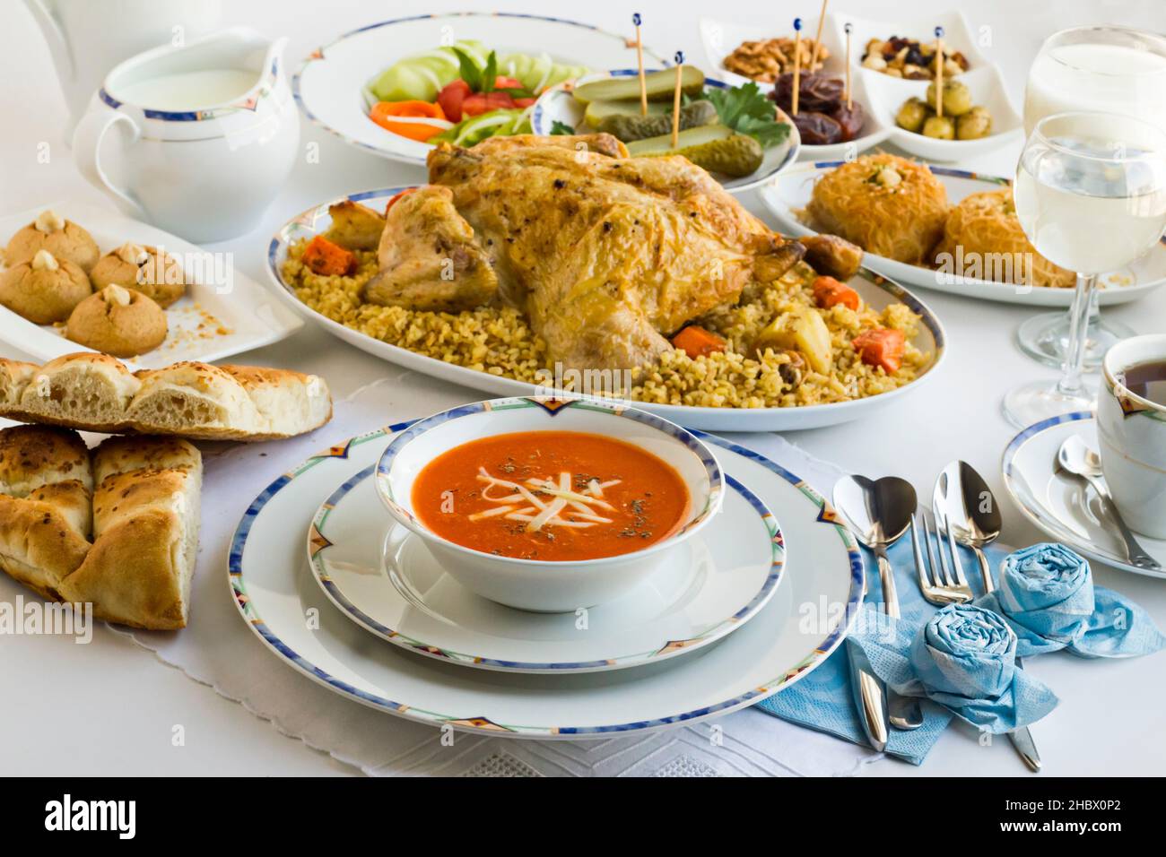 Traditional Turkish Ramadan Dinner iftar Table with roasted chicken ...