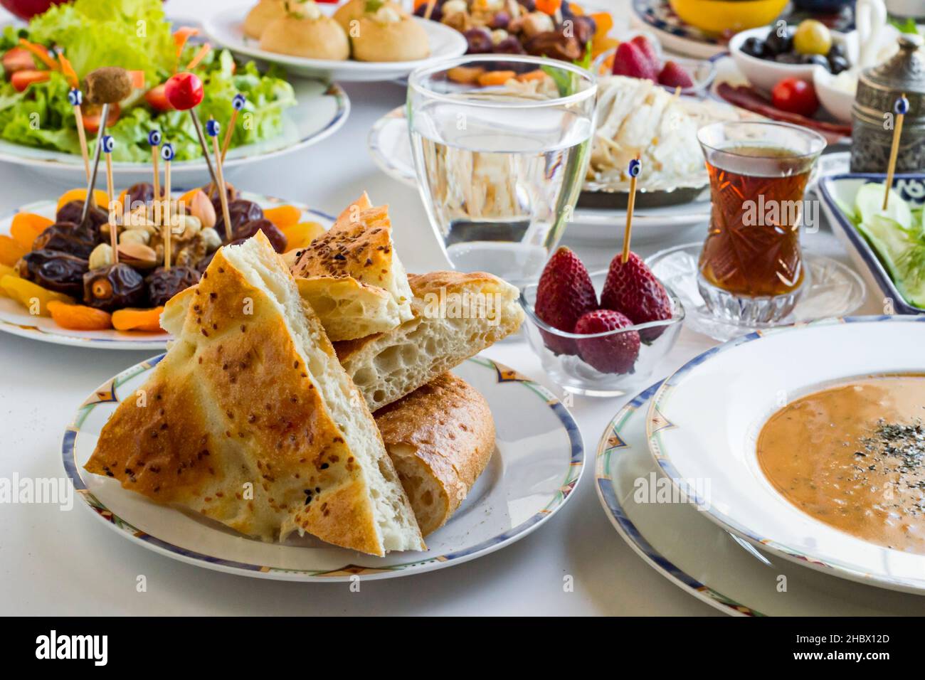 Traditional Turkish Ramadan,iftar dinner table with soup,chicken,rice ...