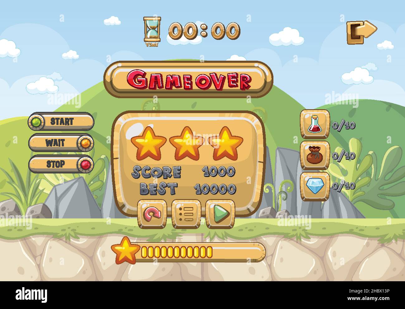 Game user interface with game over and three stars illustration Stock ...
