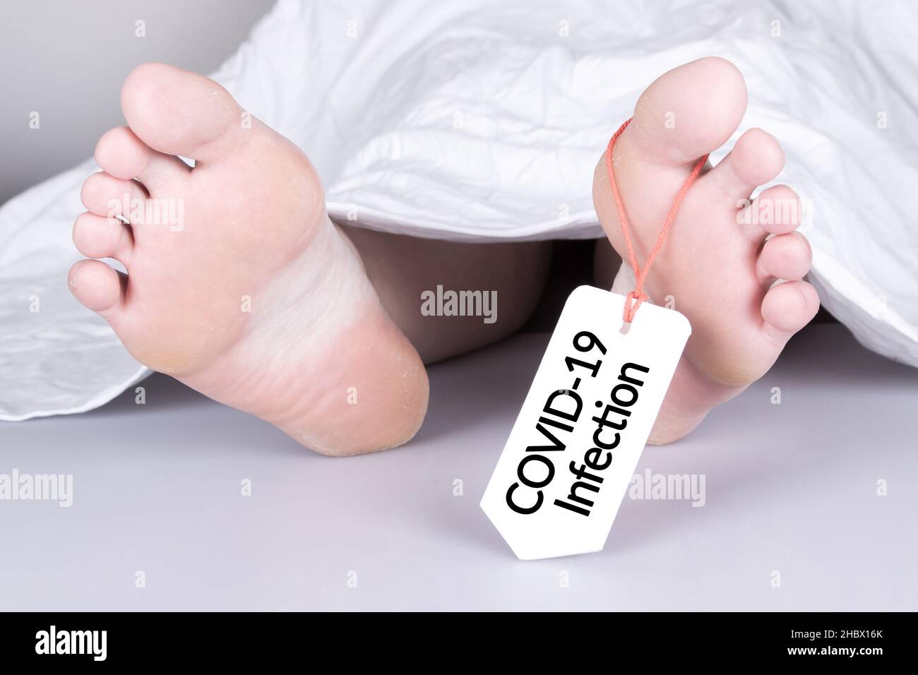 Body with toe tag on white, under a white sheet - Covid-19 infection ...
