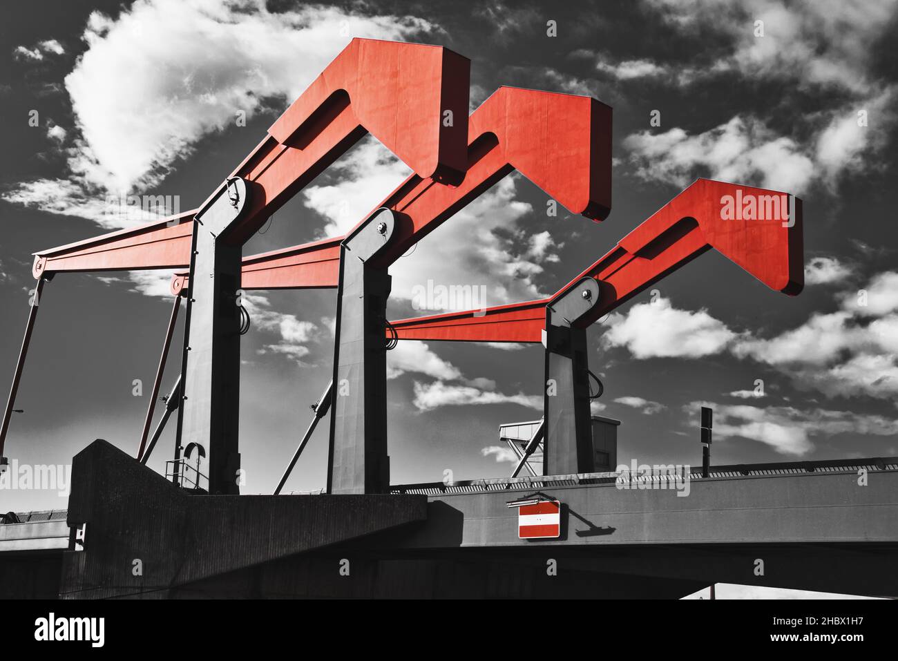 Three oil production red equipment on a grayscale background Stock ...