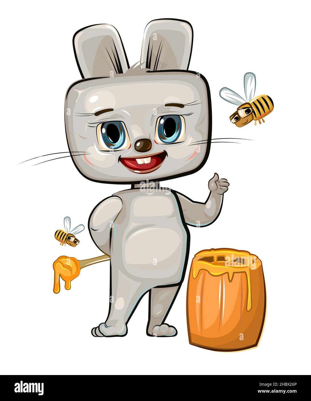 Little Hare eating honey from wooden barrel. Young cheerful beekeeper ...