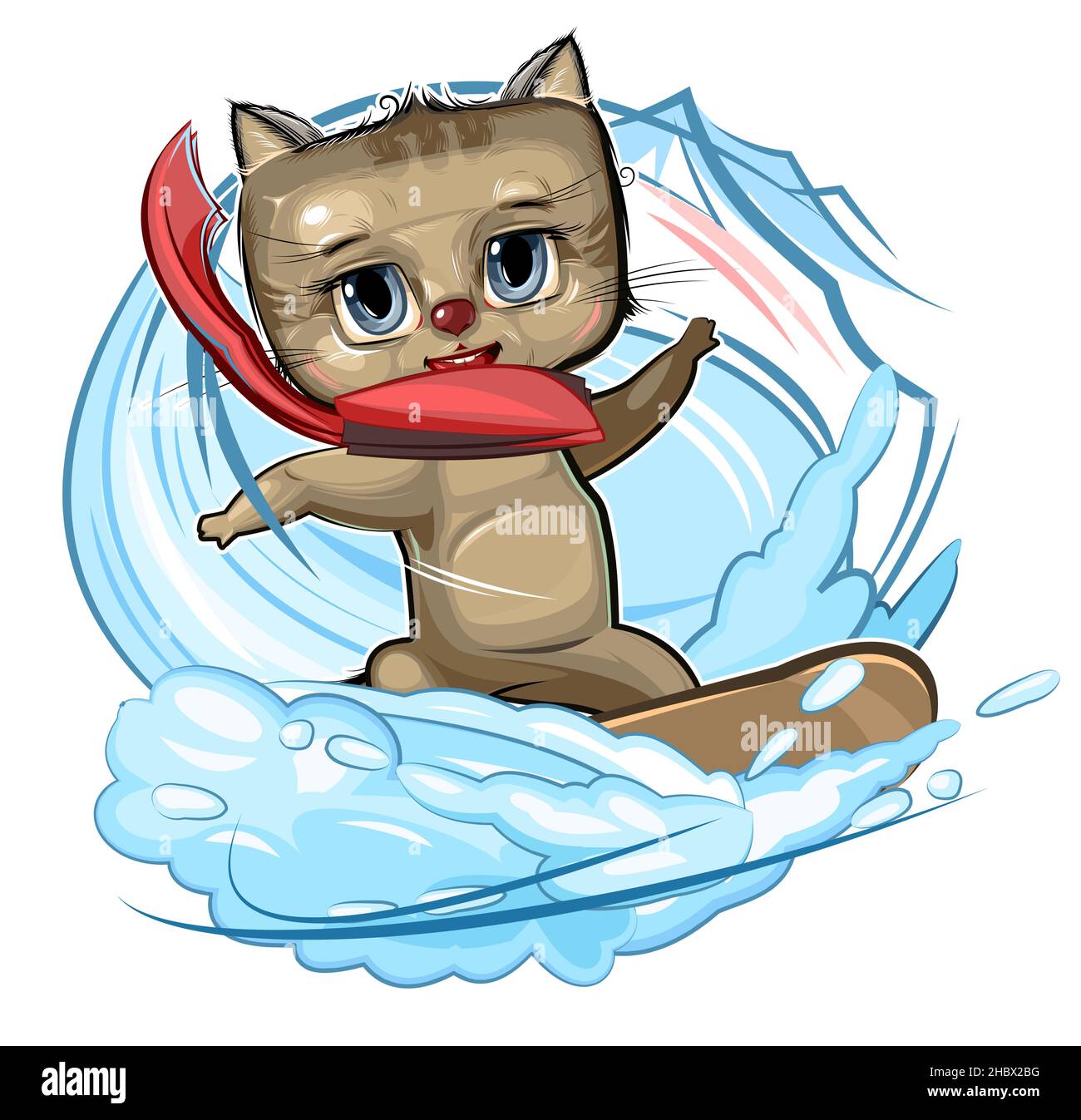 Little Kitten on a snowboard. Winter and snow. Cartoon childrens style ...