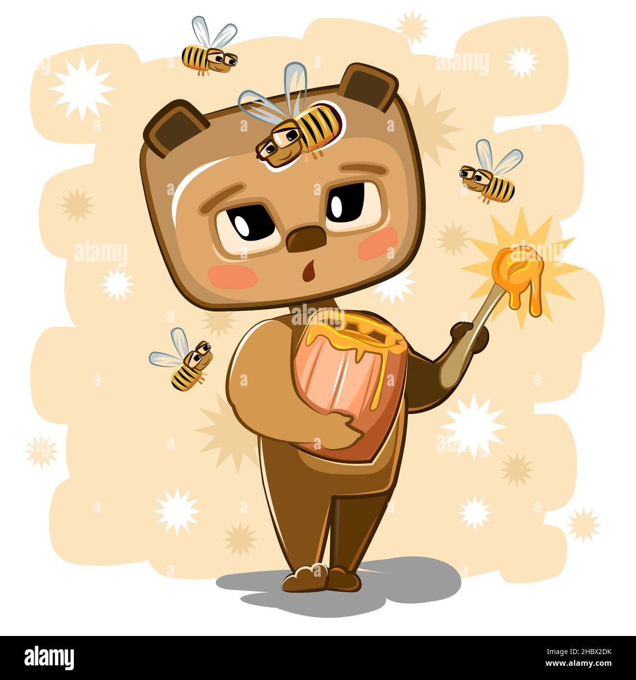 Cartoon Teddy Bear sweet tooth with honey. Among the bees. Naive baby ...