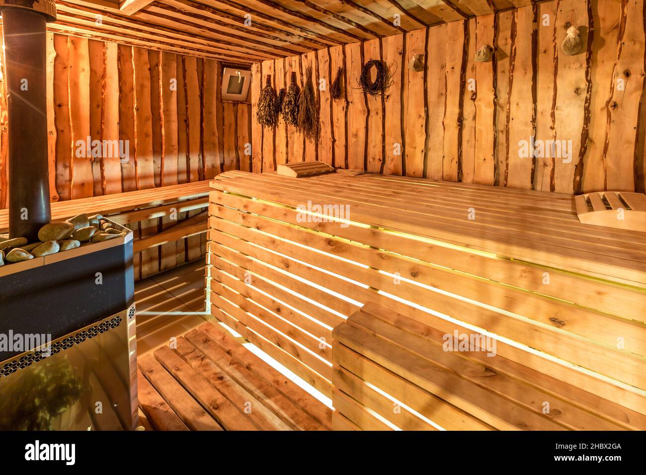 Large standard-design classic wooden sauna interior Stock Photo - Alamy