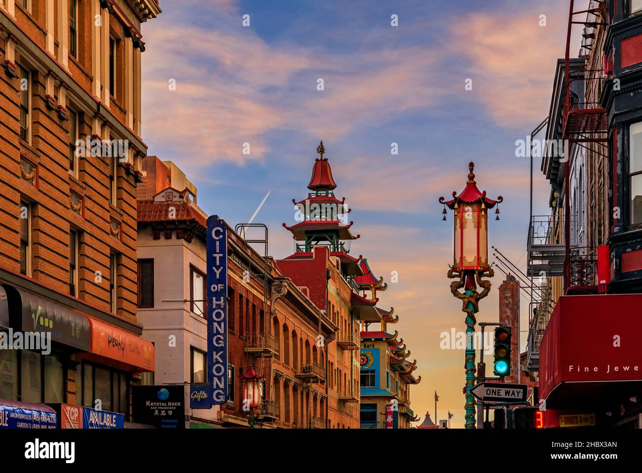 San Francisco, USA - December 18, 2021: Traditional shops, lanterns and ...