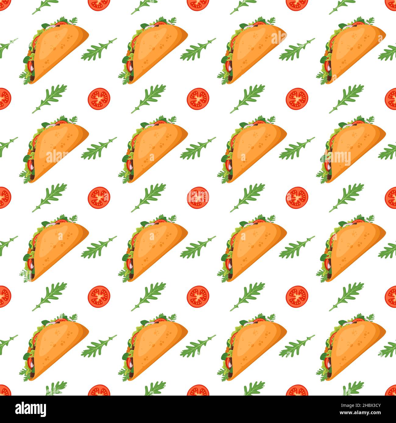Seamless pattern with Mexican traditional taco food and green spinach ...