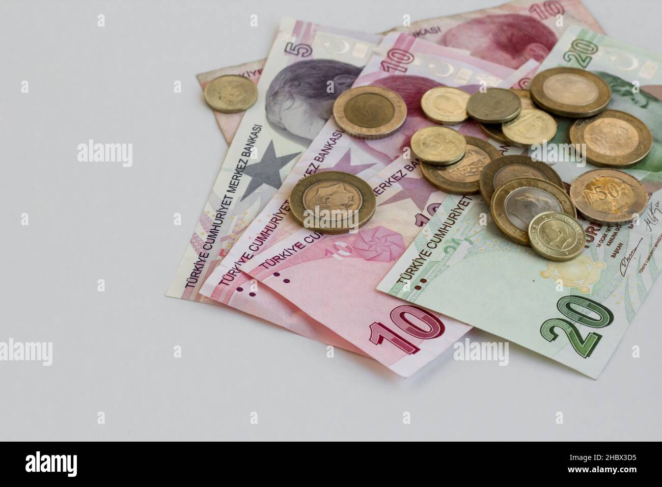 Turkish money twenty,ten and five lira banknotes on the white surface ...