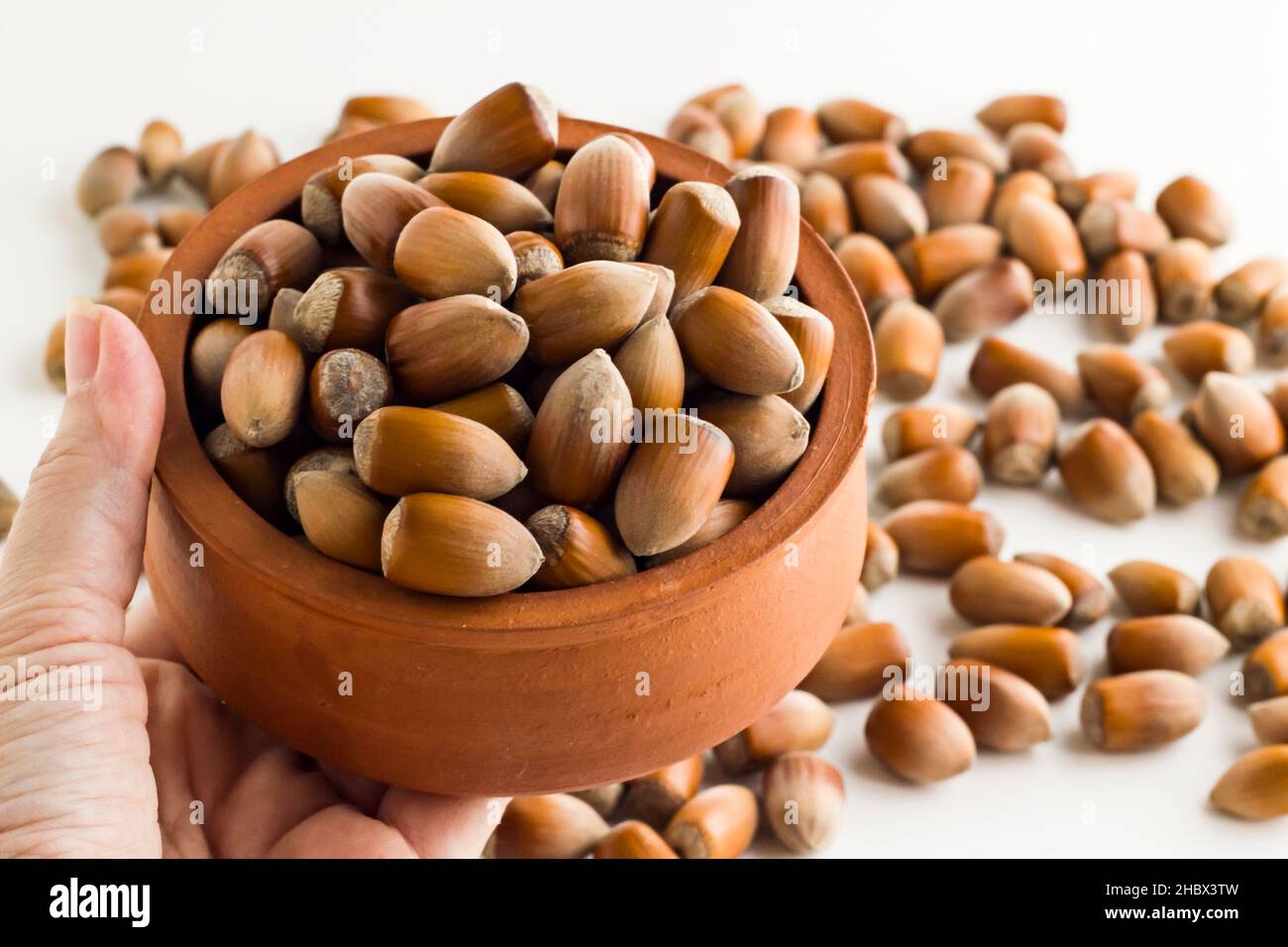 Traditional Turkish Hazelnuts,hand holding a full nuts of casserole pot ...