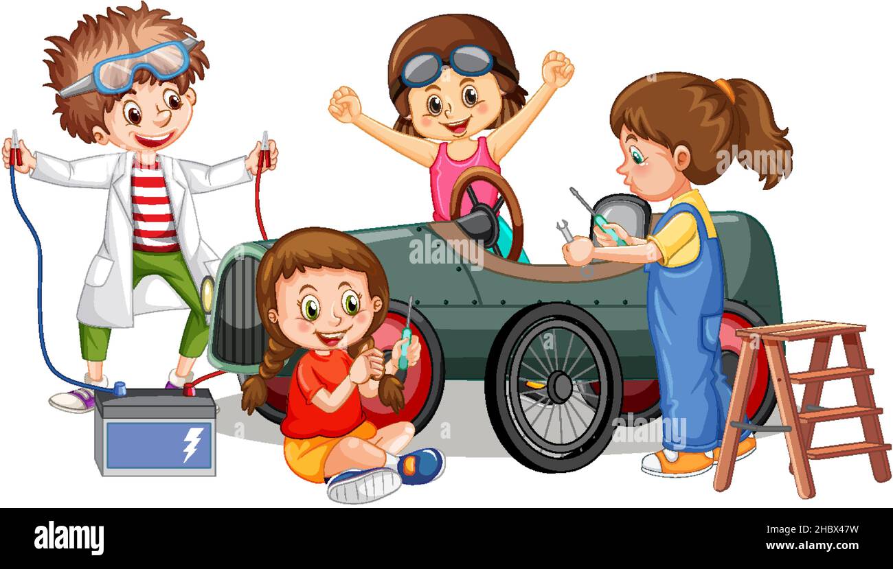 Children repairing a car together illustration Stock Vector Image & Art ...