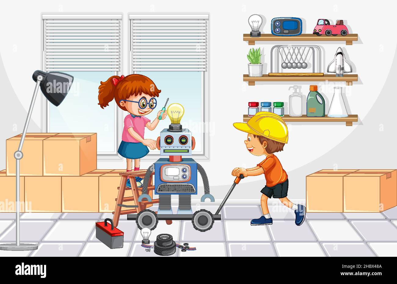 Children fixing a robot together on white background illustration Stock ...