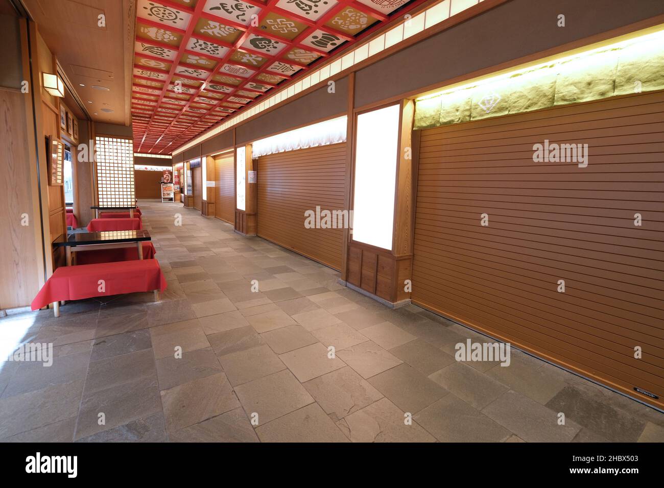 Shutters of shops are closed at an "Edo Koji" area, recreating a street ...