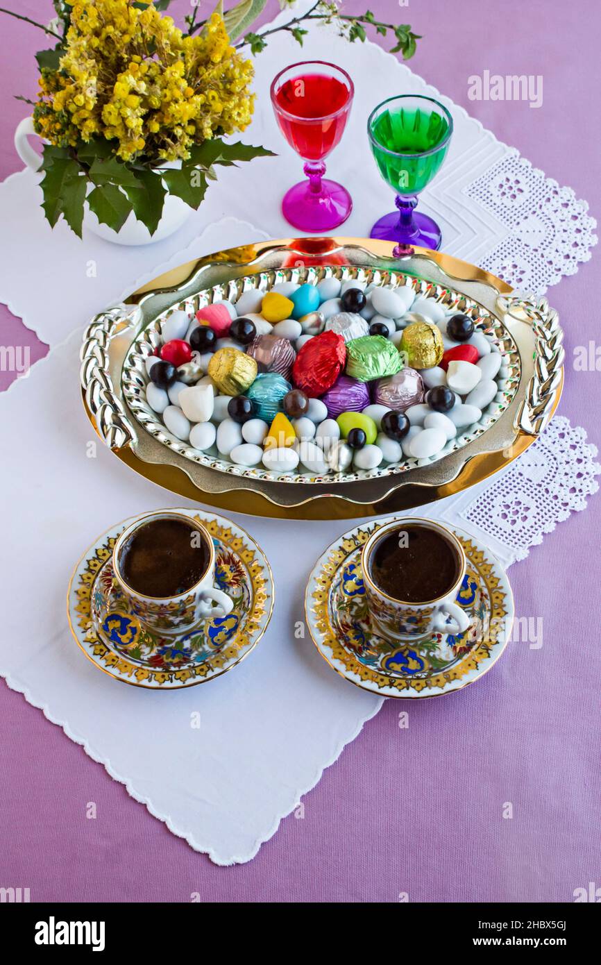 Colorful,Traditional Turkish Almond Candies and Chocolates in the metal ...