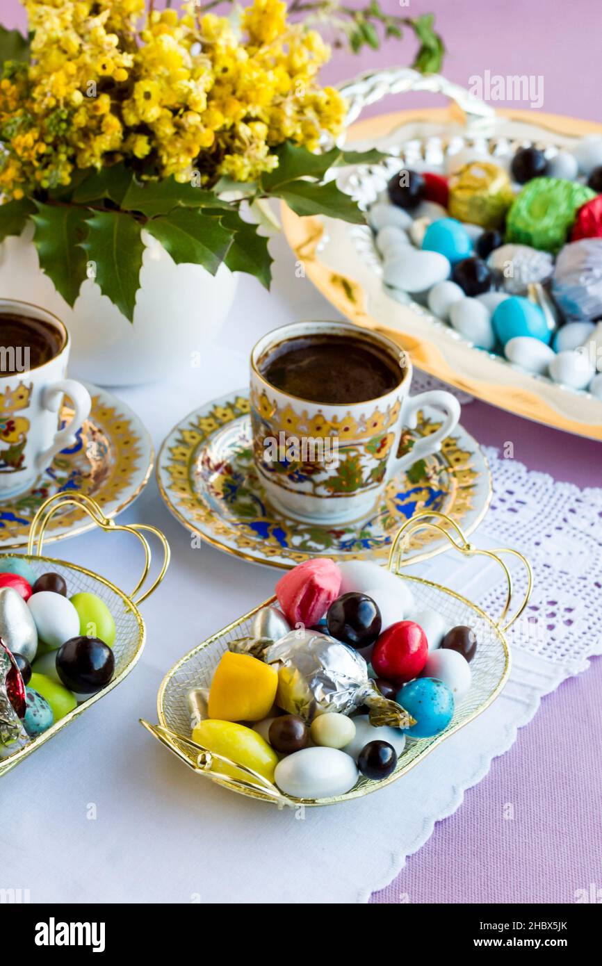 Traditional Turkish Coffee and Hard Almond Candies and Chocolates ...
