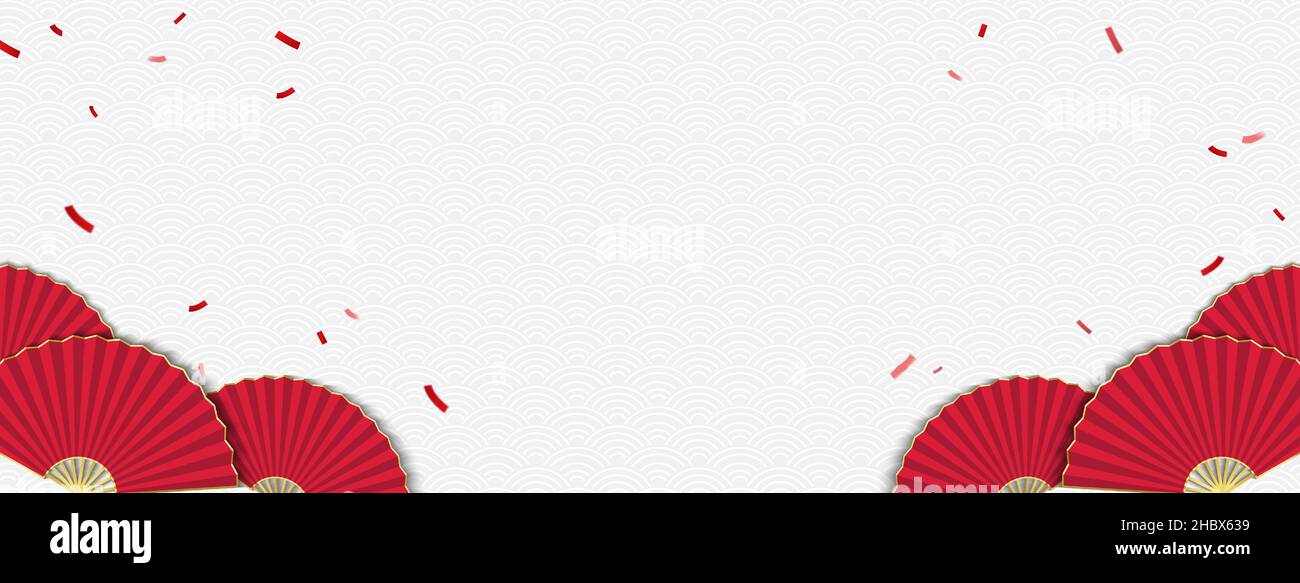 Oriental style white gray wave pattern banner background with red ...