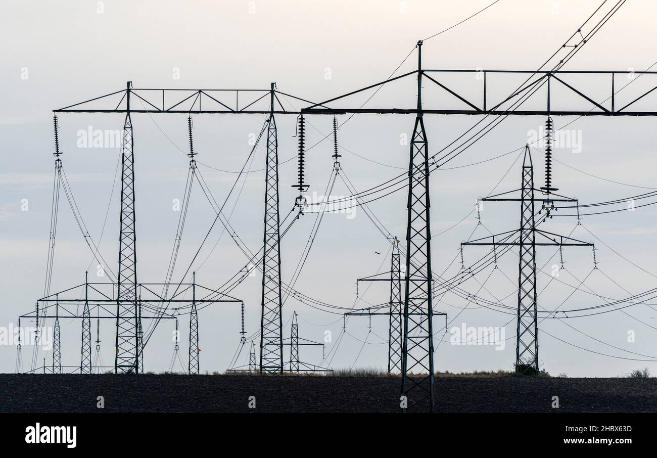 Overhead power lines. Electric power transmission. Electrical energy ...