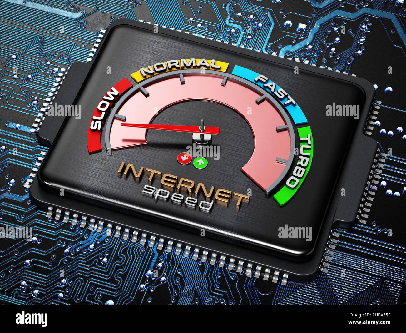 Internet speed dial on computer chip standing on blue PCB. 3D ...