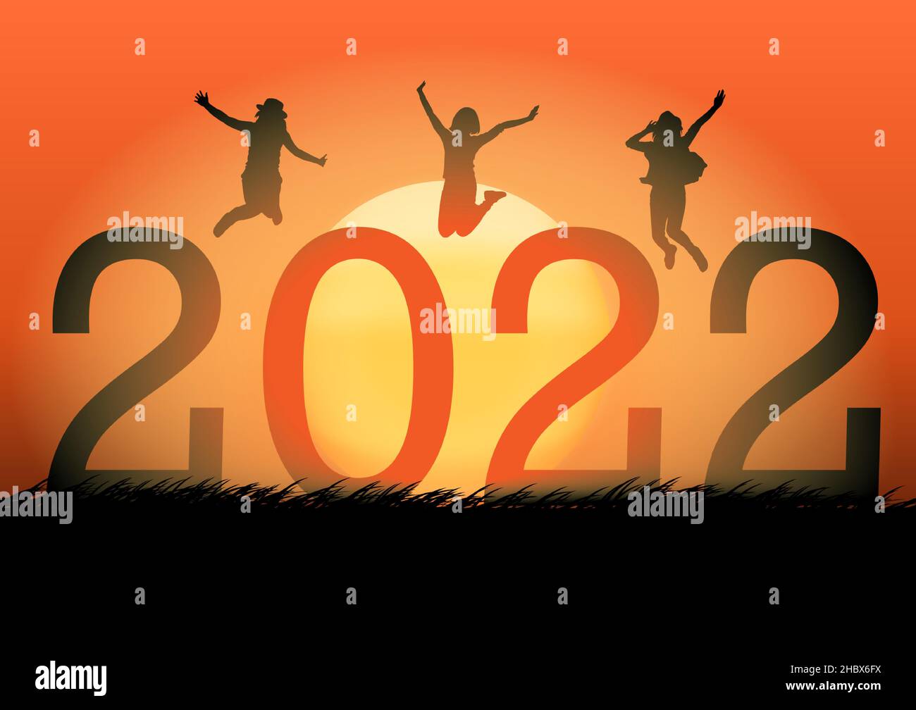 graphics drawing silhouette number for 2022 with Group People Jump ...