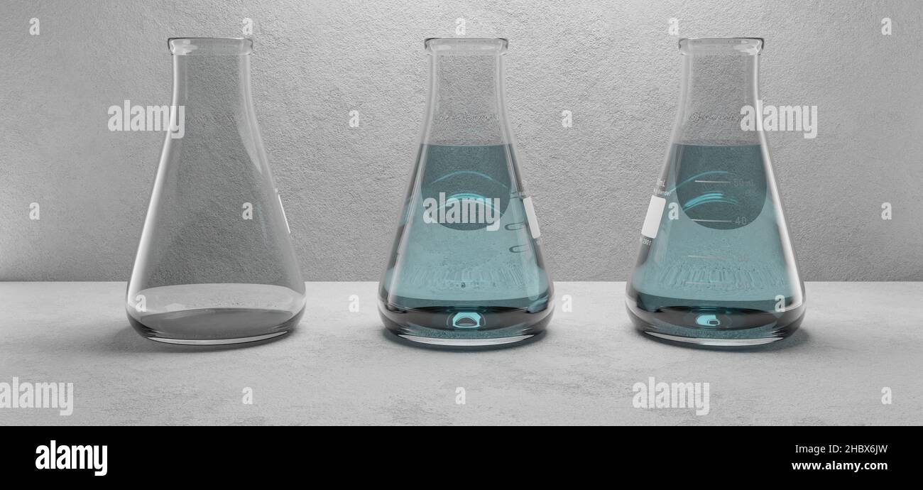 cgi render image of glass beaker and erlenmeyer flask in an concrete ...